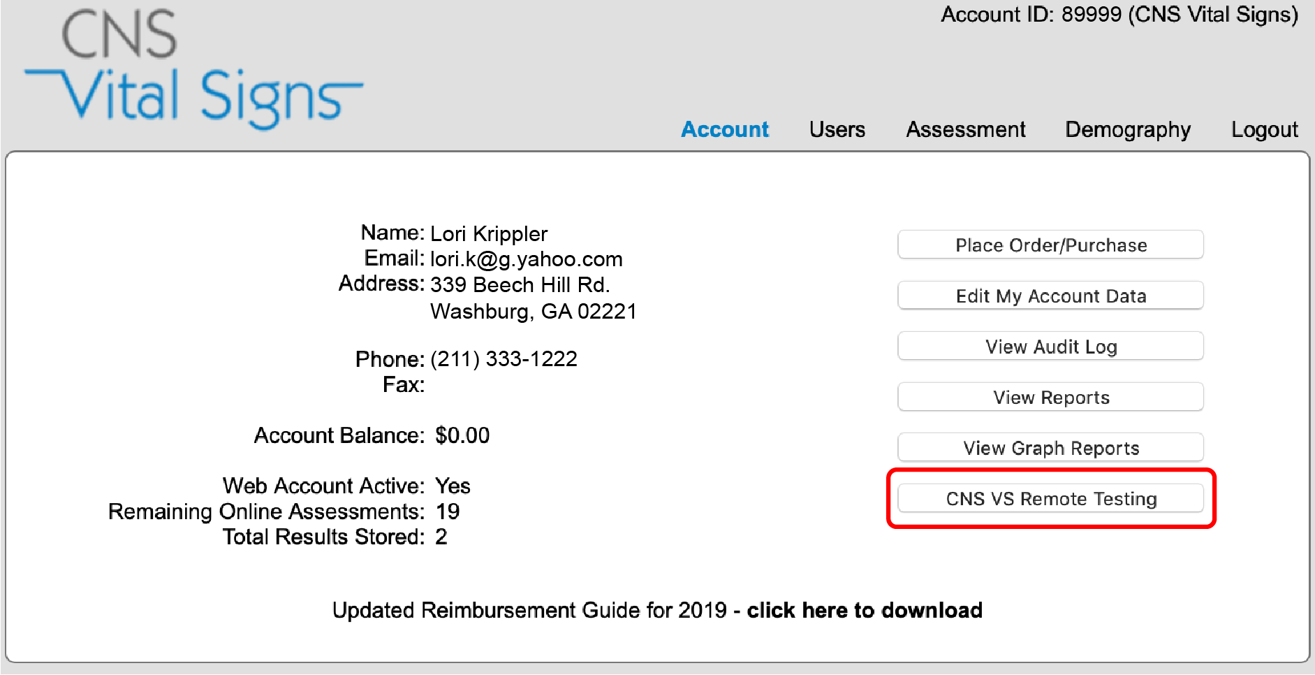 CNS Vital Signs - Remote Test